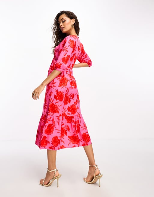 Nobody's Child Petite Rachel smock midi dress in pink and red floral | ASOS