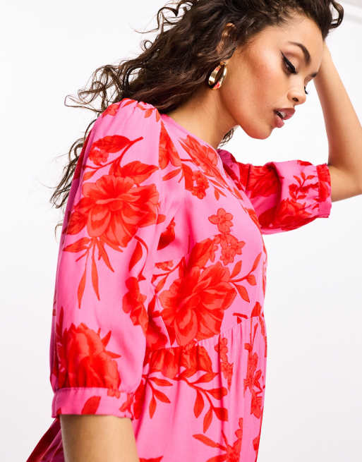 Nobody's Child Petite Rachel smock midi dress in pink and red floral | ASOS