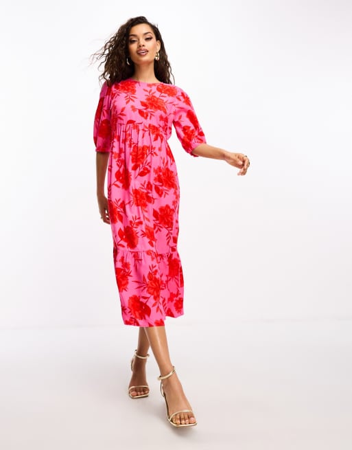 Nobody's Child Petite Rachel smock midi dress in pink and red floral | ASOS