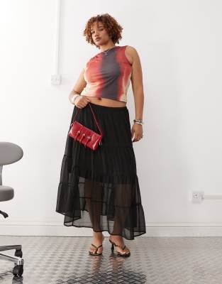 Noisy May Curve - Jupe longue en mousseline à volants - Noir | ASOS