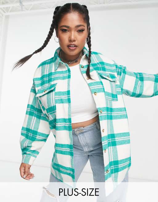 Noisy May Curve oversized faux wool shacket in green check | ASOS