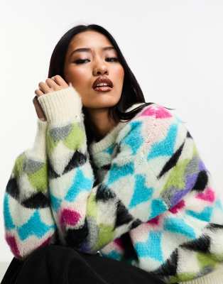 Noisy May fluffy sweater with heart pattern in beige | ASOS