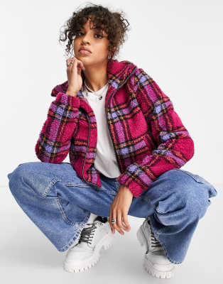 Noisy May teddy zip up fleece jacket in hot pink check | ASOS