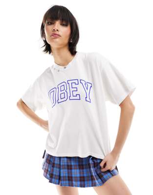 Obey – College-T-Shirt in Weiß mit kastigem Schnitt | ASOS