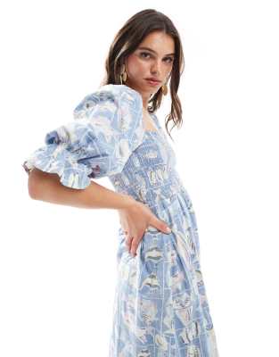 Object - Aangerimpelde midi jurk met vintage vissenprint in blauw | ASOS