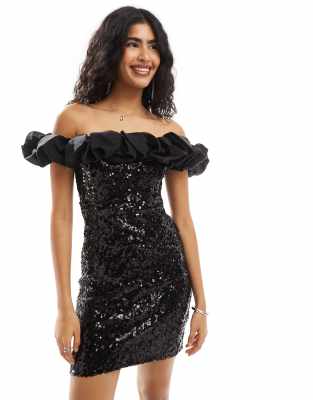 Object - Doorgestikte mini cami jurk met ruches in zwart met lovertjes ...