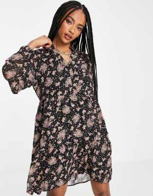 Object Gitte floral mini smock dress in black | ASOS