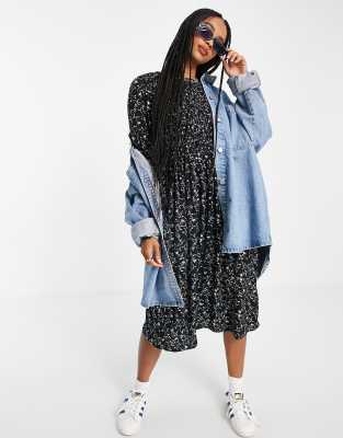 Object Jalke printed midi smock dress in black | ASOS