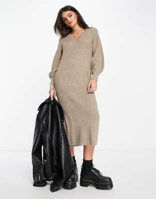 Object knitted midi sweater dress with balloon sleeves in taupe | ASOS