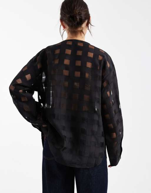Object oversized wrap front sheer blouse in black check pattern | ASOS