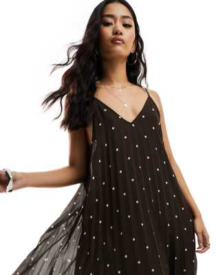 Object plisse swing cami maxi dress in brown polka dot | ASOS