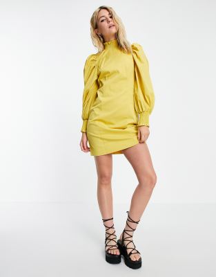 Object poplin dress with exagerated sleeve in yellow | ASOS