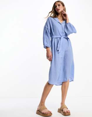 Object Stacy tie waist shirt dress in blue | ASOS