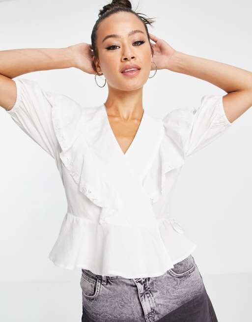 Object textured wrap top with ruffle detail in white | ASOS
