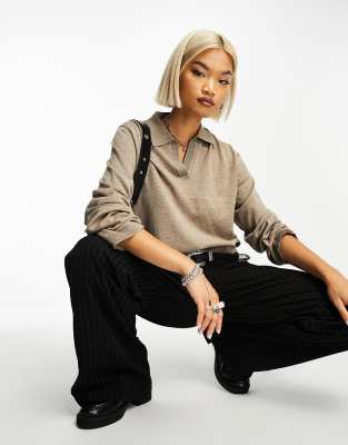 Object v neck knitted polo jumper in fossil beige melange | ASOS
