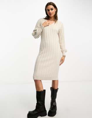 Object v neck knitted ribbed jumper dress in soft stone | ASOS