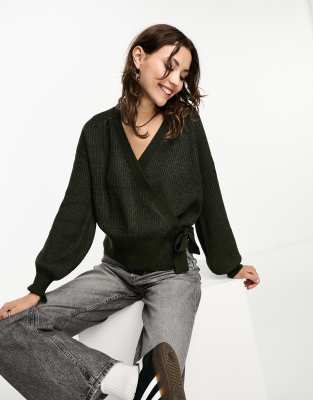 Object wrap front knit cardigan in deep green | ASOS