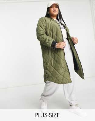 Only Curve longline quilted coat in khaki | ASOS