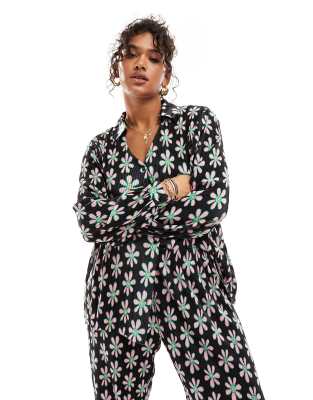 Only Curve plisse oversized shirt in black and pink daisy - part of a ...