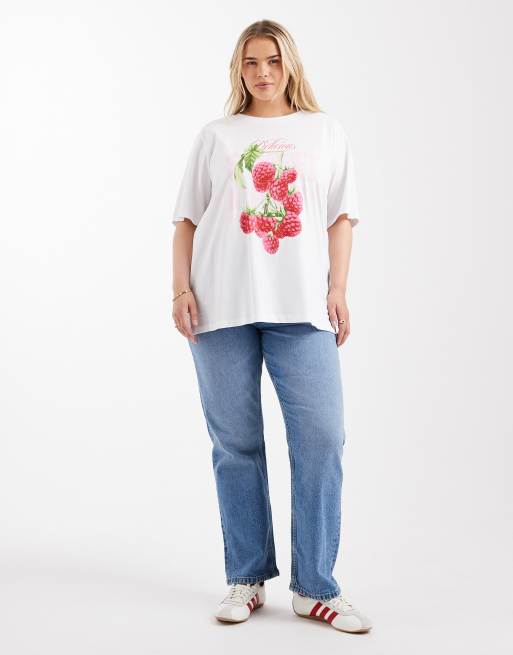 ONLY Curve raspberry graphic oversized t-shirt in white | ASOS