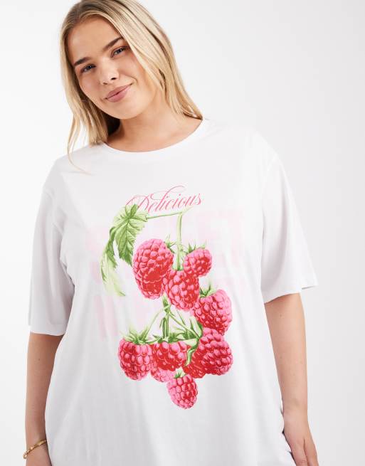 ONLY Curve raspberry graphic oversized t-shirt in white | ASOS