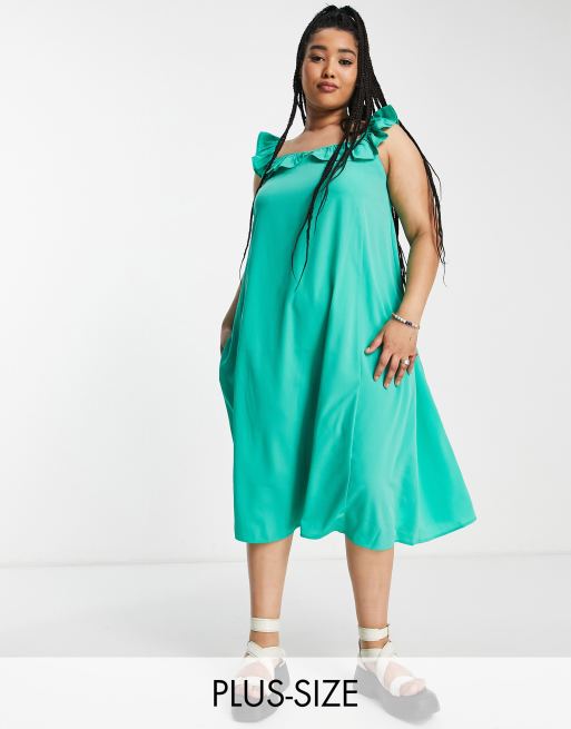 Only Curve ruffle strap maxi dress in bright green | ASOS