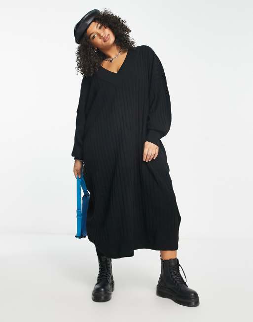 Only Curve V Neck Knitted Midi Dress In Black Asos