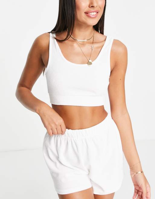 Only exclusive towelling beach crop top co-ord in white | ASOS
