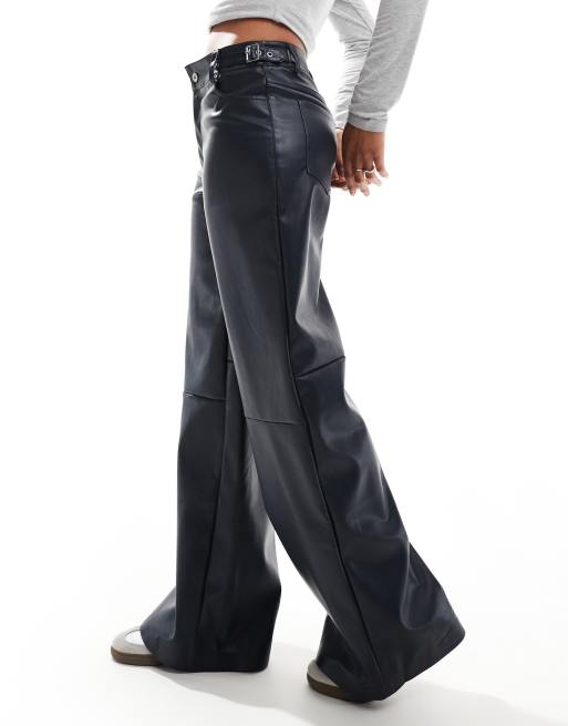 Navy blue faux leather pants store