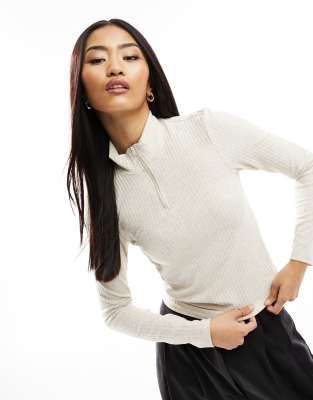 ONLY high neck ribbed quarter zip top in stone | ASOS