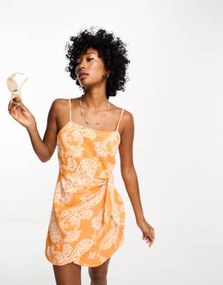 Only linen blend wrap mini dress in orange paisley print | ASOS