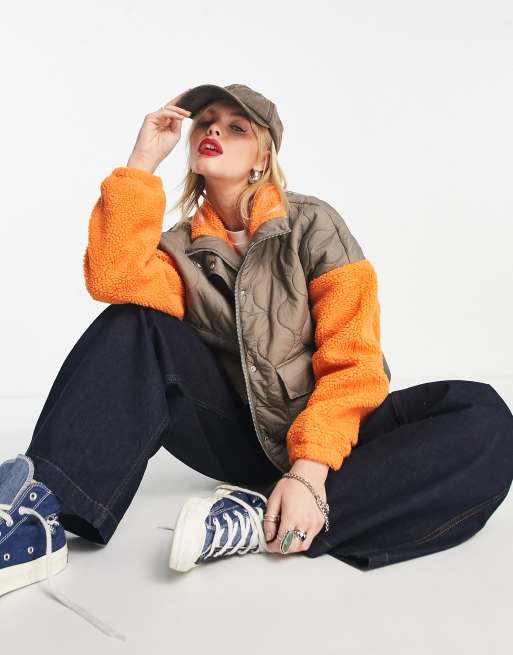 Only quilting & teddy mix jacket in brown & orange | ASOS