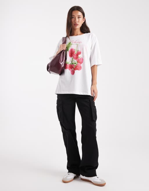 ONLY raspberry graphic oversized t-shirt in white | ASOS