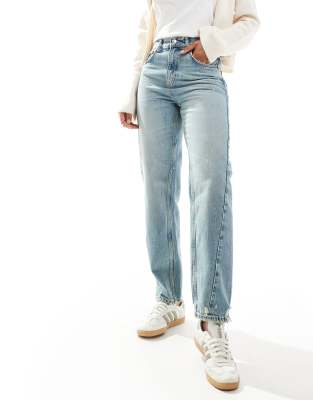 ONLY Robyn high waist straight leg twist seam jeans in tinted mid blue ...