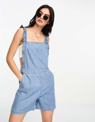 Only ruffle detail denim romper in mid blue | ASOS