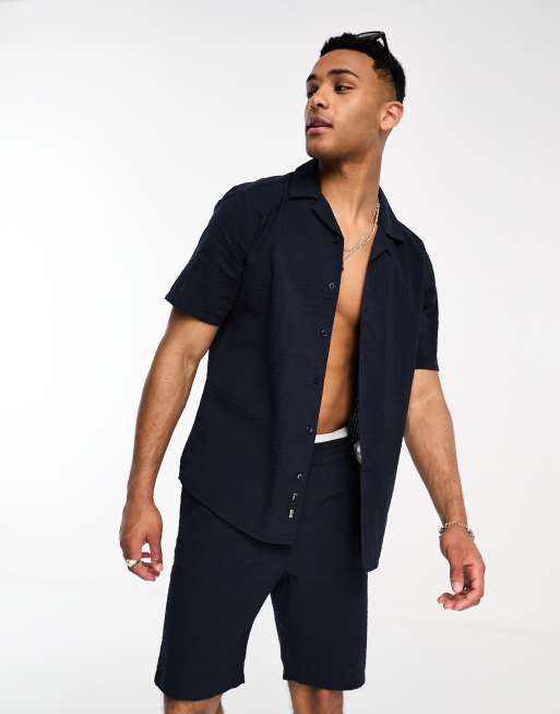 ONLY & SONS co-ord seersucker revere collar short sleeve shirt in navy | ASOS