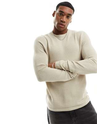 ONLY & SONS crew neck textured knit jumper in beige | ASOS