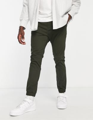 Only & Sons elastic waist slim fit cuffed chinos in dark khaki | ASOS