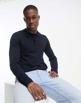 Only & Sons knit long sleeve polo in navy | ASOS