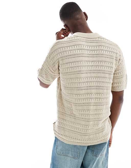 ONLY & SONS open knit slit neck polo shirt in beige | ASOS ONLY & SONS open knit slit neck polo shirt in beige | ASOS
