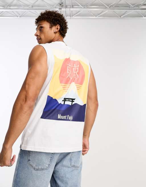 Only & Sons oversized singlet with Japanese mountain print in white | ASOS