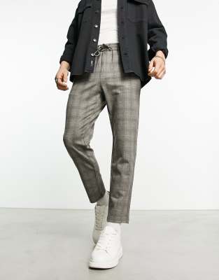 Only & Sons tapered fit check pants with elasticated waist in gray | ASOS