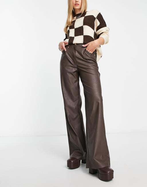 Only Wide Leg Faux Leather Trousers In Brown Asos