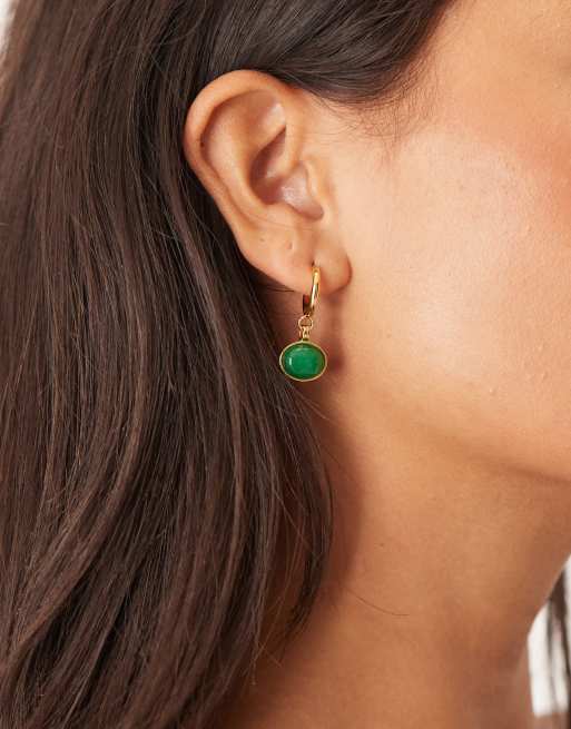 Orelia semi precious green stone drop hoop earrings in 18k gold plated ...
