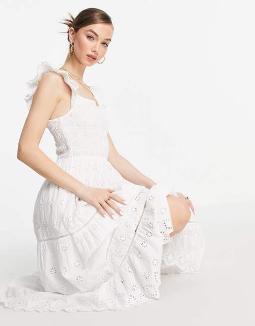 And Other Stories Cotton Shirred Broderie Midi Dress In White White Asos