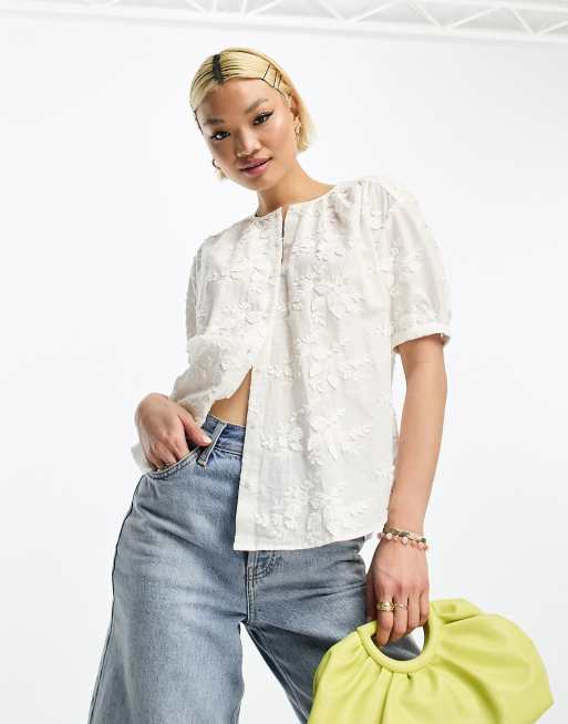 And Other Stories Floral Embroidered Short Sleeve Blouse In White Asos