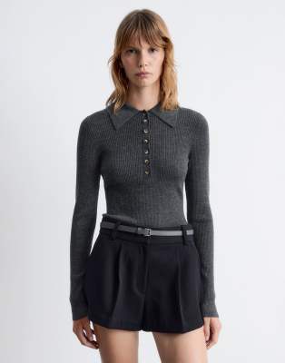 & Other Stories Knit Semi Sheer Polo Top With Fluted Collar In Gray ...