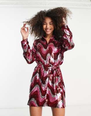 & Other Stories - Robe chemise courte avec sequins et motif ondoyant sur l'ensemble - Rose | ASOS
