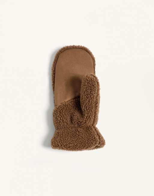 OYSHO Faux shearling mittens with cord in mole | ASOS