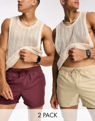 Pack ahorro de 2 shorts de baño cortos de color beis y burdeos de ASOS ...